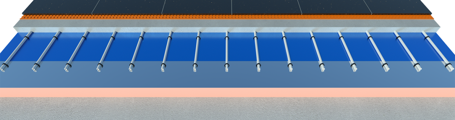 Staple underfloor heating which is laid within a screed